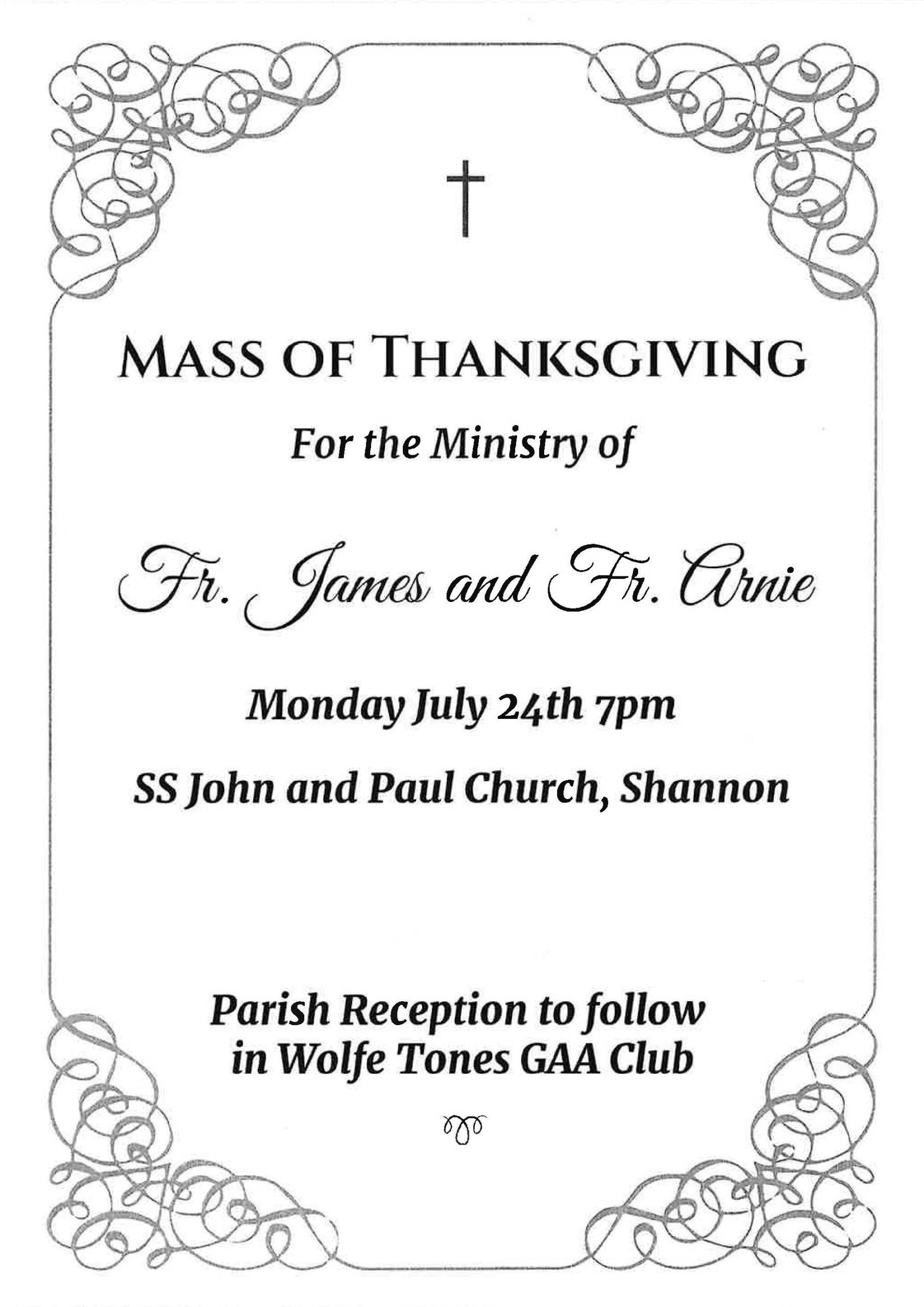 Mass of Thanksgiving July 24th at 7pm - St Senan's Parish, Shannon
